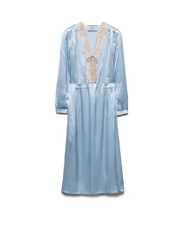 Prada Long-sleeved Satin Crepe And Lace Dress - Light Blue