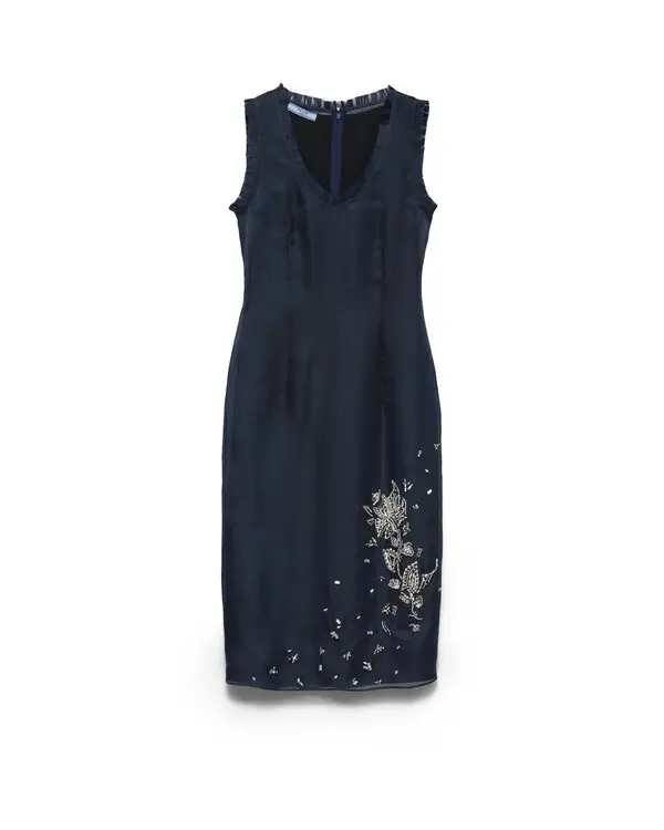 Prada Embroidered Silk Organza Sheath Dress - Blue