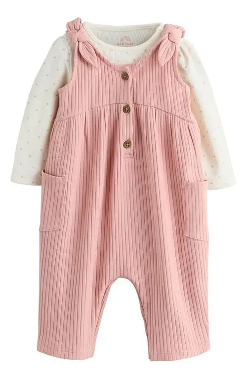 NEXT Long Sleeve Bodysuit & Ribbed Overalls Set - Pink