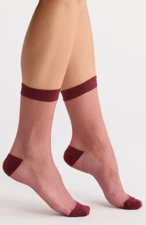 Nordstrom Vertical Stripe Sheer Crew Socks - Burgundy Fig