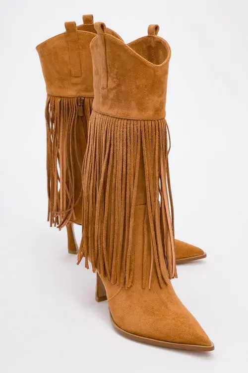 PROLOGUE SHOES Fringe Pointed Toe Boots - Cognac Suede Faux Leather