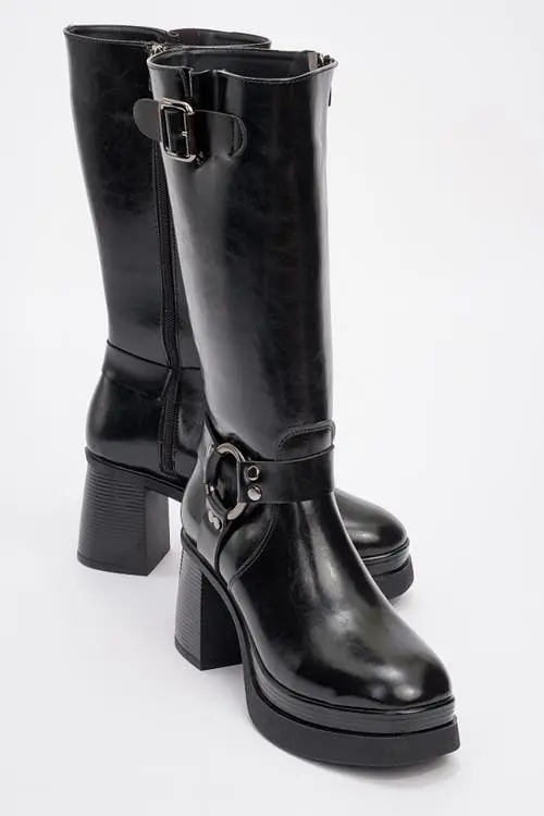 PROLOGUE SHOES Block Heel Boots With Buckle And Zip - Black Faux Leather