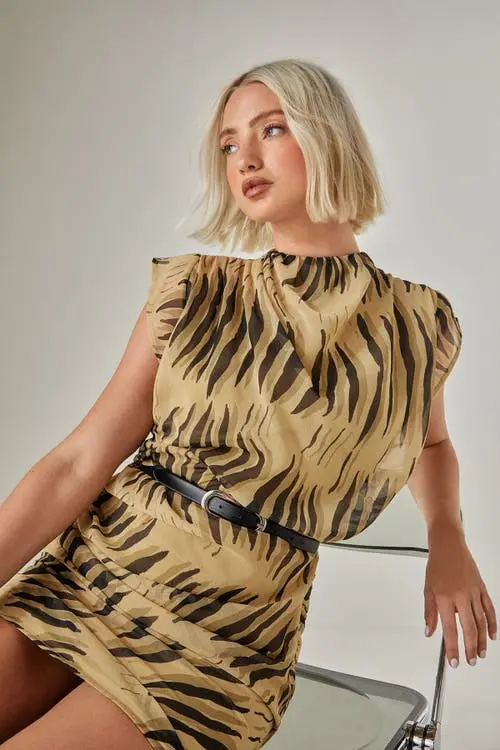Nasty Gal Chiffon High Neck Ruched Mini Dress With Tiger Print