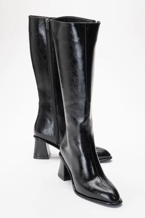 PROLOGUE SHOES Paradis Block Heel Knee High Boots - Black Faux Leather