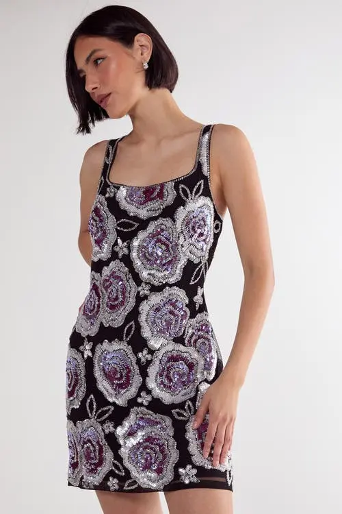 Nasty Gal Beaded Flower Sequin Mini Dress - Black