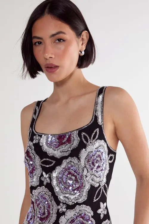 Nasty Gal Beaded Flower Sequin Mini Dress