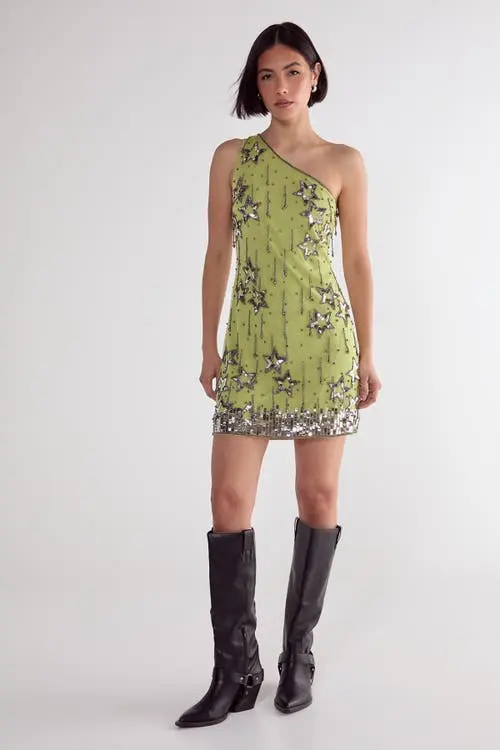 Nasty Gal Asymmetrical One-shoulder Sequin Mini Dress With Tassels