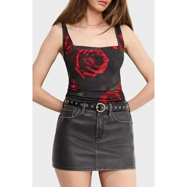 Good American Print Mesh Bustier Top - Moody Red Roses001