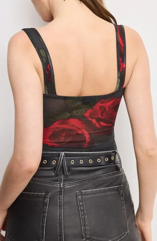 Good American Print Mesh Bustier Top - Moody Red Roses001