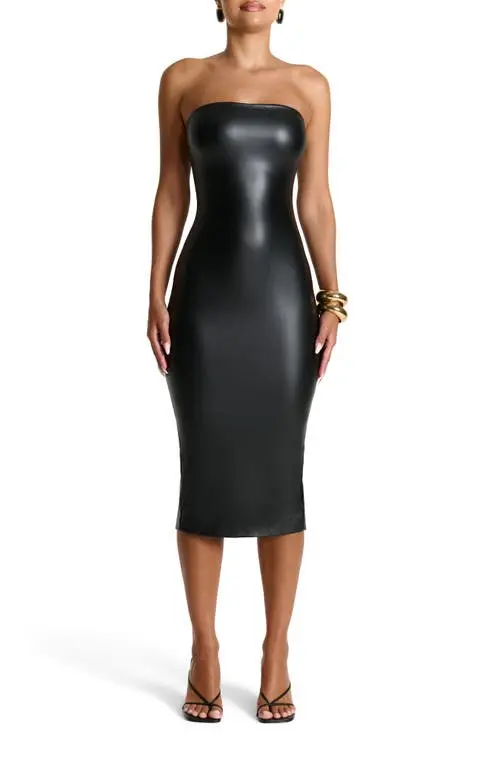 Naked Wardrobe Strapless Faux Leather Body-con Midi Dress - Black