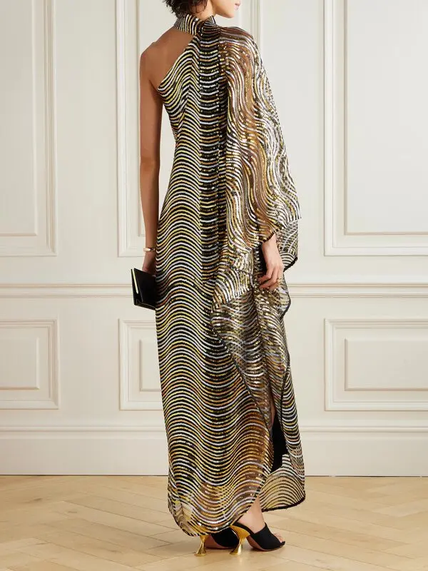 taller marmo gold dress Taller Marmo Mounia Draped Fringe Maxi Dress