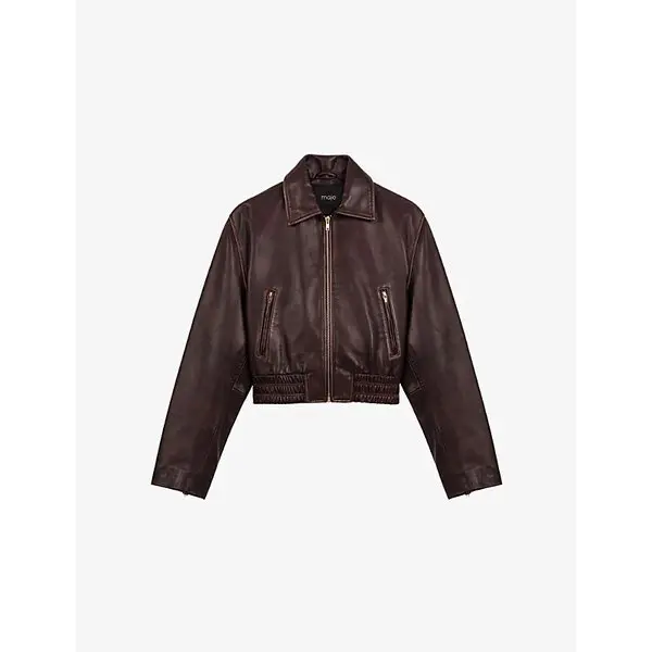 Maje Cropped Leather Jacket With Smocked Waist