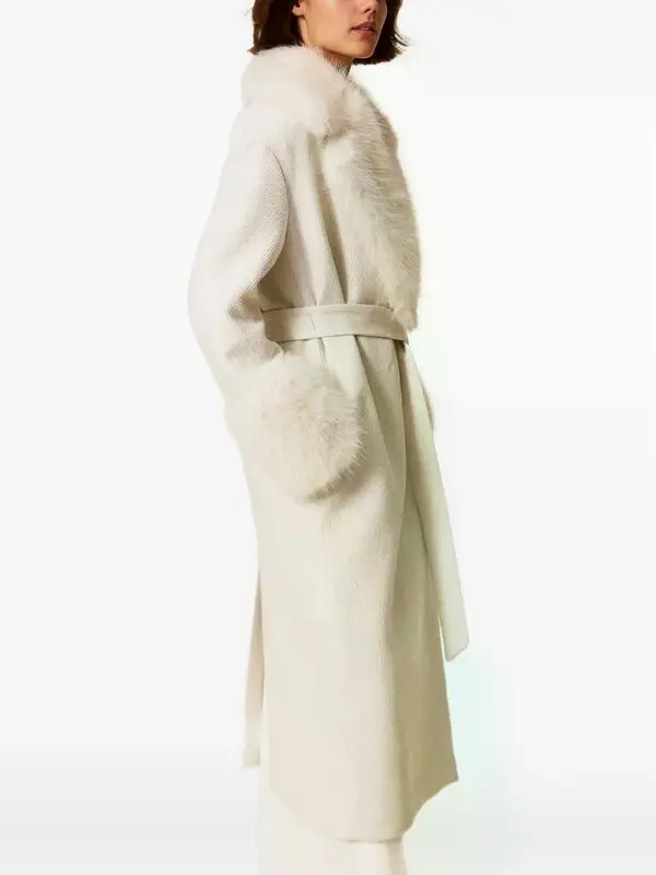 TWINSET Faux Fur Trimmed Belted Long Coat