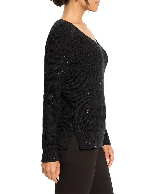 NIC+ZOE Shimmer Waffle V-neck Sweater - Black Onyx