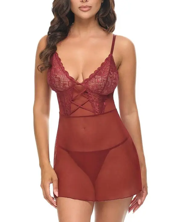 OH LA LA CHERI Davina Sheer Babydoll Dress - Syrah