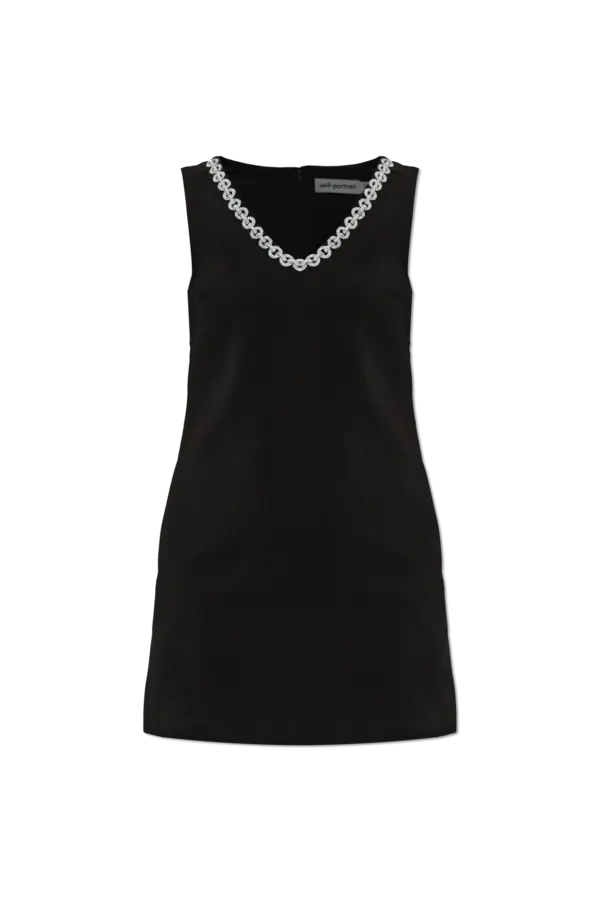 SELF-PORTRAIT Sleeveless Mini Dress With Crystal Embellished Neckline - Black