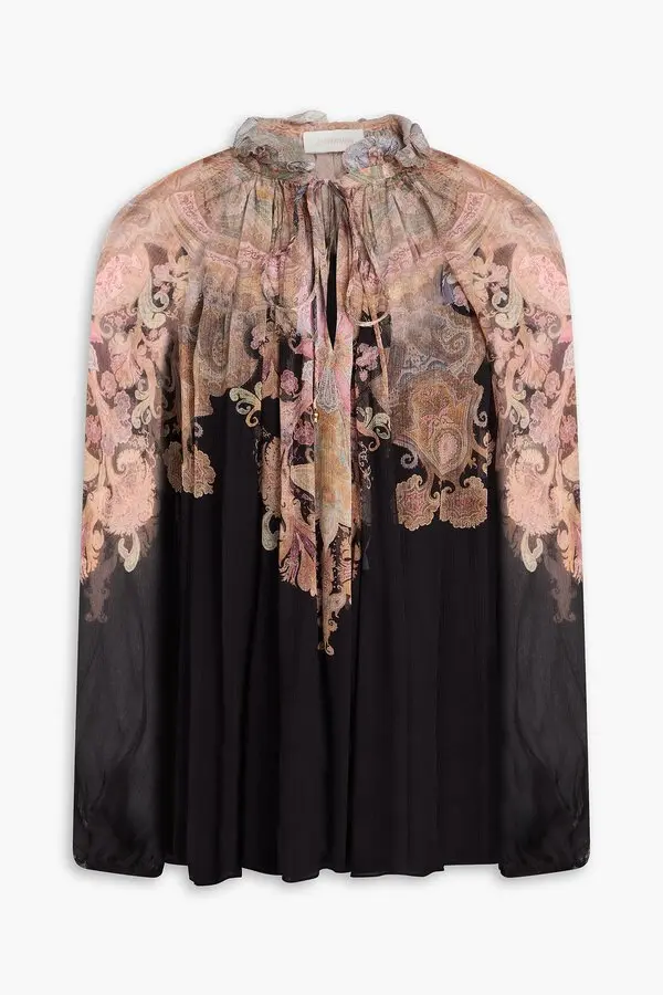 Zimmermann Paisley-print Crepon Blouse With Ruffle Trims - Black
