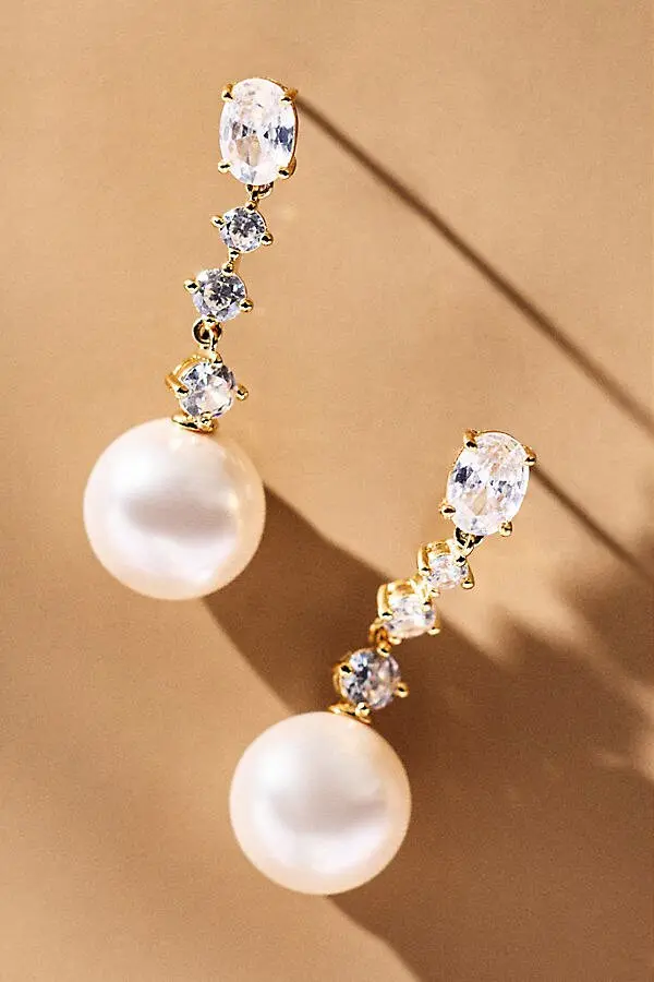 Nadri Oval Crystal Pearl Drop Earrings - Gold