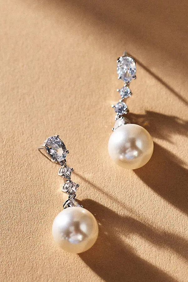 Nadri Oval Crystal Pearl Drop Earrings - Silver