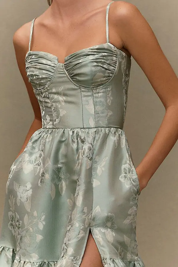 V. Chapman Lucetta Corset Tiered Brocade Maxi Dress - Green | Editorialist