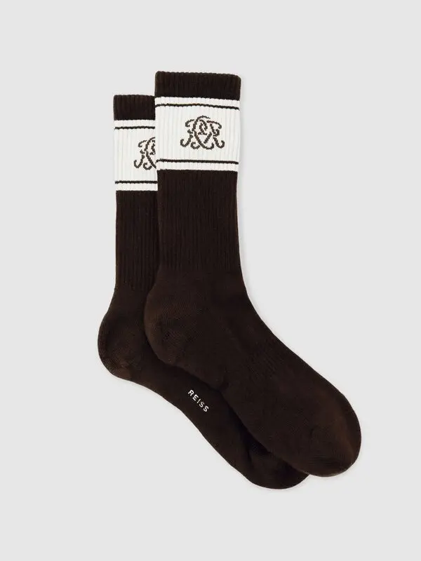 REISS Maurice Monogram Cotton-blend Rib Sport Socks - Chocolate Brown/ecru/navy