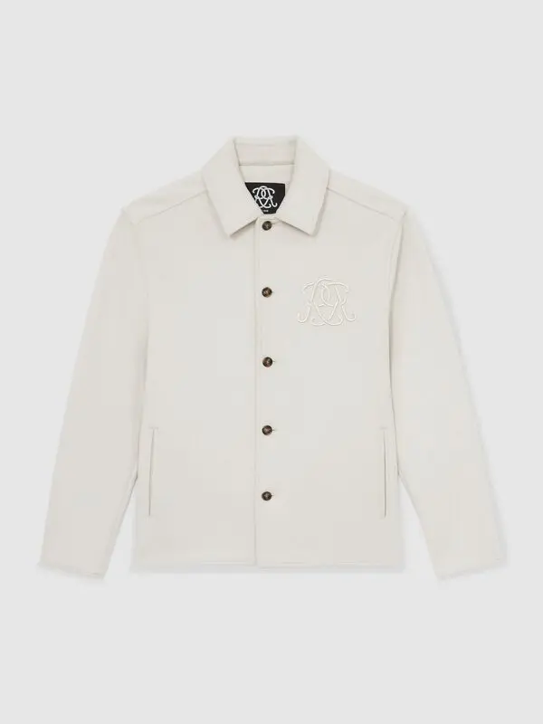 REISS Champ Monogram Wool-blend Relaxed Overshirt - Ivory White