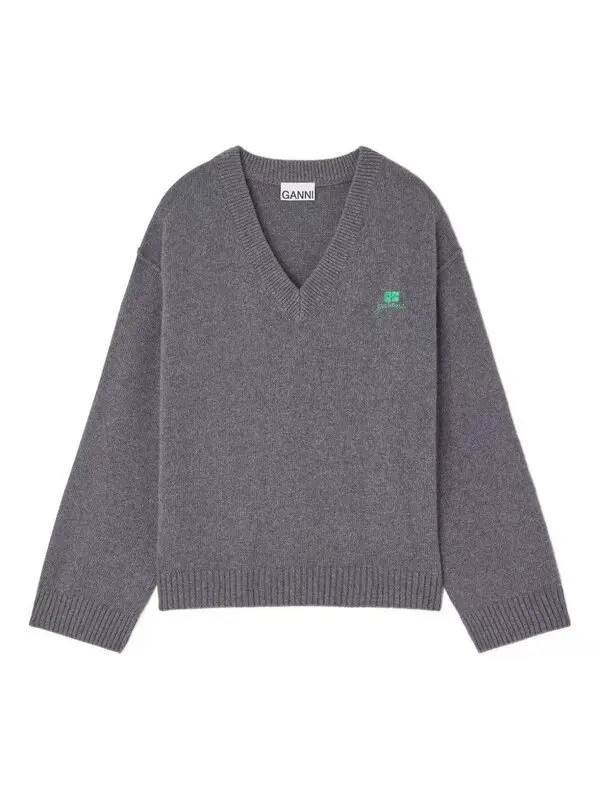 GANNI V-neck Logo Sweater