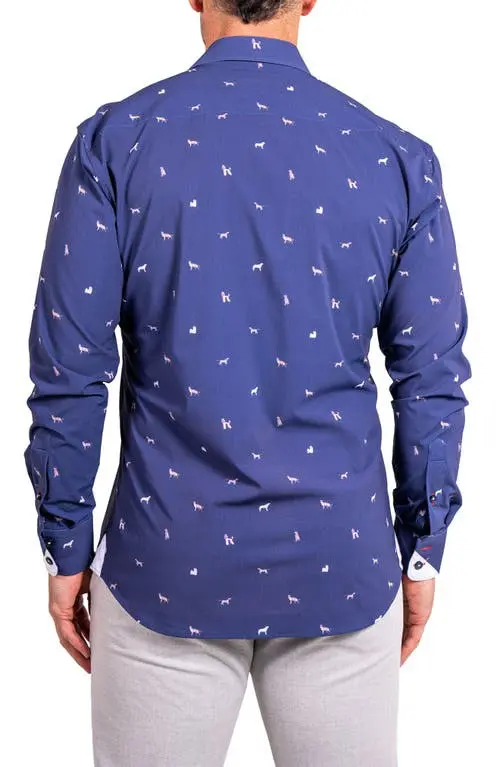 MACEOO Einstein Stretch Ascension 0205 Dog Print Contemporary Fit Button-up Shirt - Blue