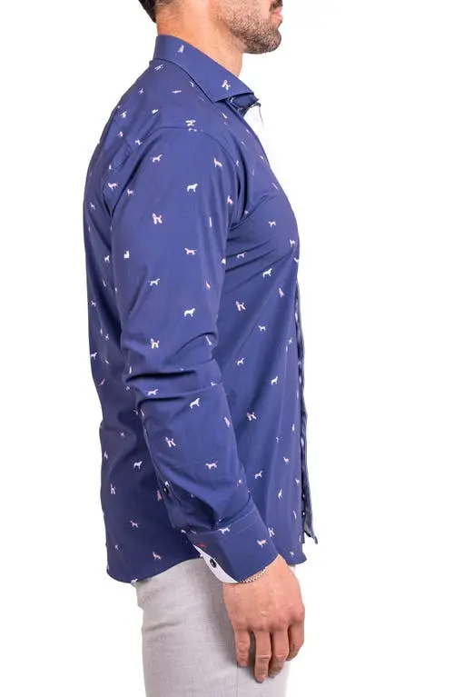 MACEOO Einstein Stretch Ascension 0205 Dog Print Contemporary Fit Button-up Shirt - Blue
