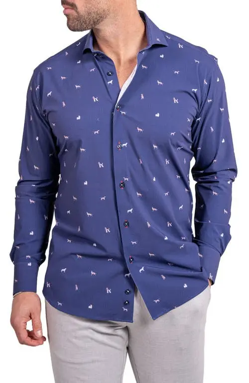 MACEOO Einstein Stretch Ascension 0205 Dog Print Contemporary Fit Button-up Shirt - Blue
