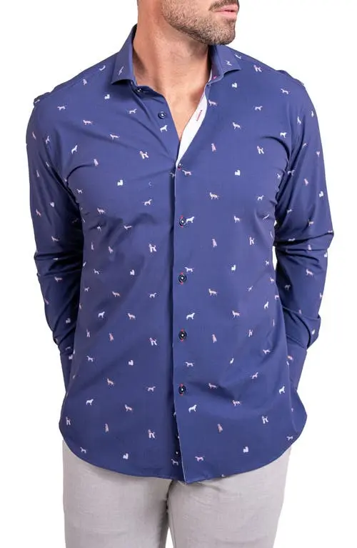MACEOO Einstein Stretch Ascension 0205 Dog Print Contemporary Fit Button-up Shirt - Blue