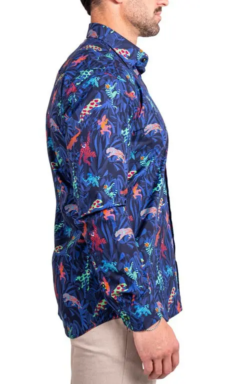MACEOO Fibonacci Ascension 0213 Jungle Print Contemporary Fit Button-up Shirt - Blue