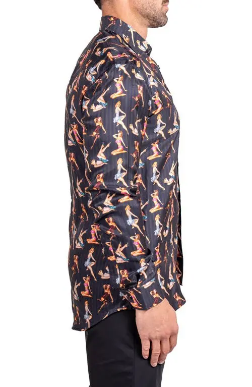 MACEOO Fibonacci Ascension 0221 Pin-up Print Contemporary Fit Button-up Shirt - Black