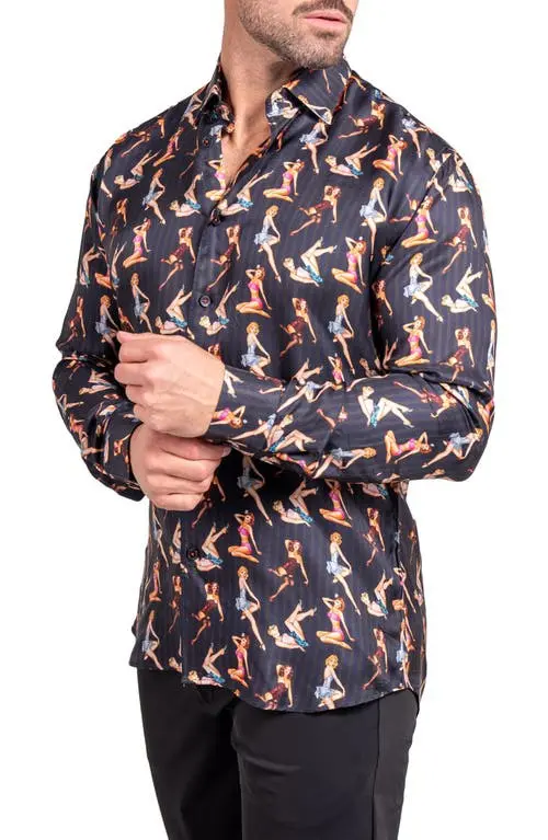 MACEOO Fibonacci Ascension 0221 Pin-up Print Contemporary Fit Button-up Shirt - Black