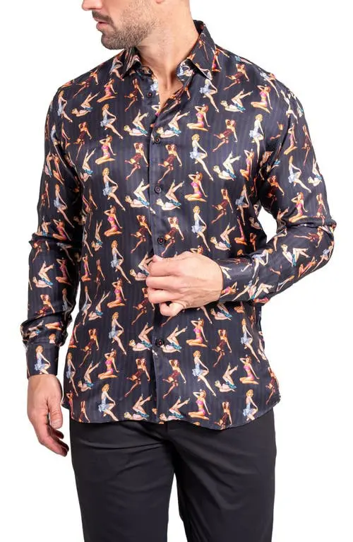 MACEOO Fibonacci Ascension 0221 Pin-up Print Contemporary Fit Button-up Shirt - Black