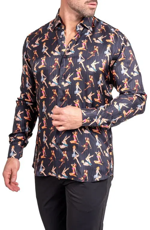MACEOO Fibonacci Ascension 0221 Pin-up Print Contemporary Fit Button-up Shirt - Black