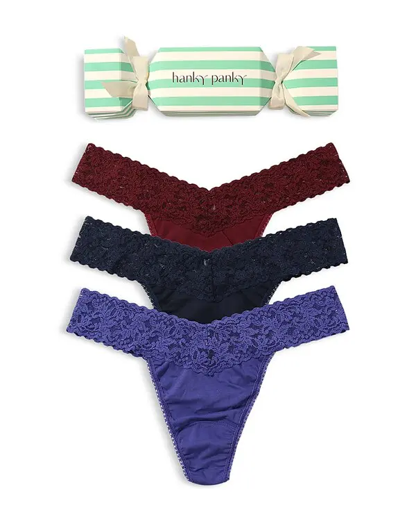 Hanky Panky Signature Lace Original Rise Thong, Pack Of 3 - Cabarnet/navy/folk Song