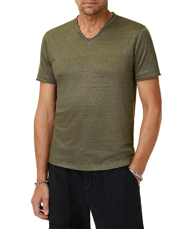 John Varvatos Wooster Slim Fit V Neck Linen Tee - Moss Green