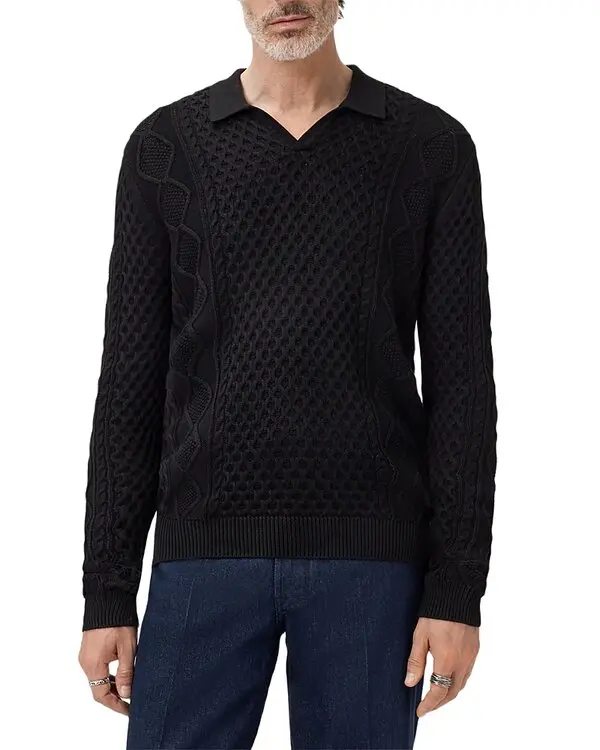 John Varvatos Haynes Open Collar Cable Knit Polo Sweater - Black