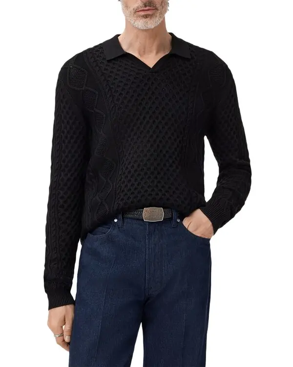 John Varvatos Haynes Open Collar Cable Knit Polo Sweater - Black