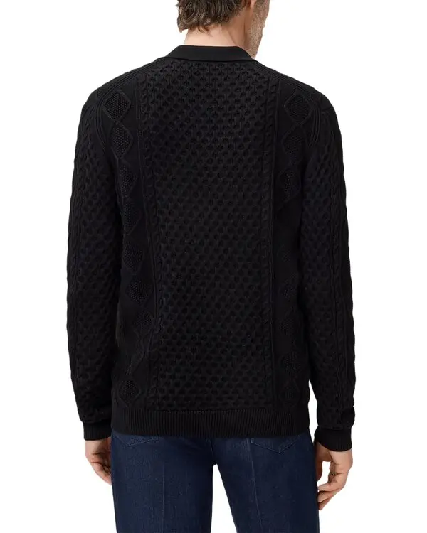 John Varvatos Haynes Open Collar Cable Knit Polo Sweater - Black