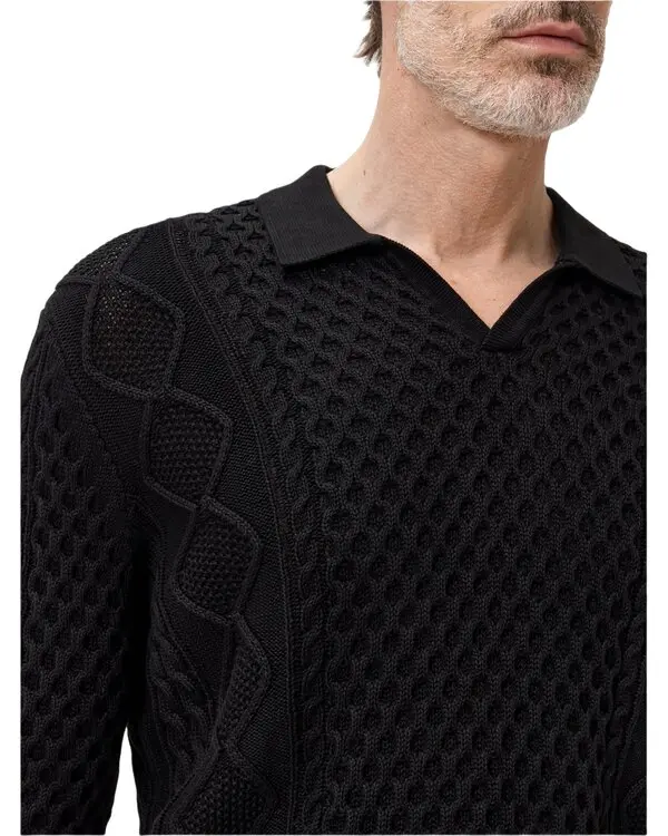 John Varvatos Haynes Open Collar Cable Knit Polo Sweater - Black