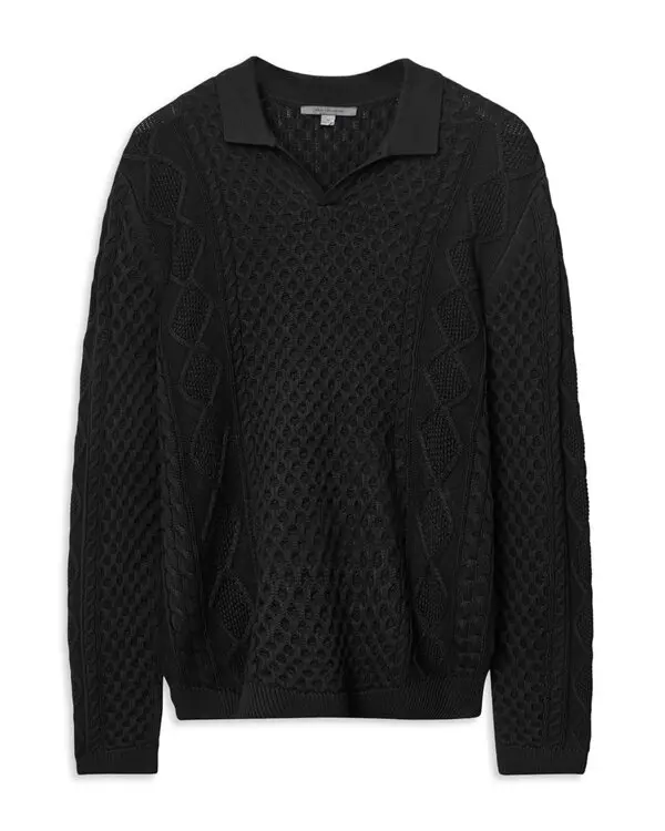 John Varvatos Haynes Open Collar Cable Knit Polo Sweater - Black
