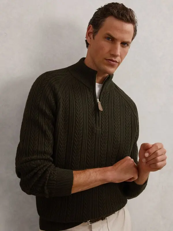 REISS Loxley Cable-knit Half-zip Jumper With Wool - Dark Olive Green