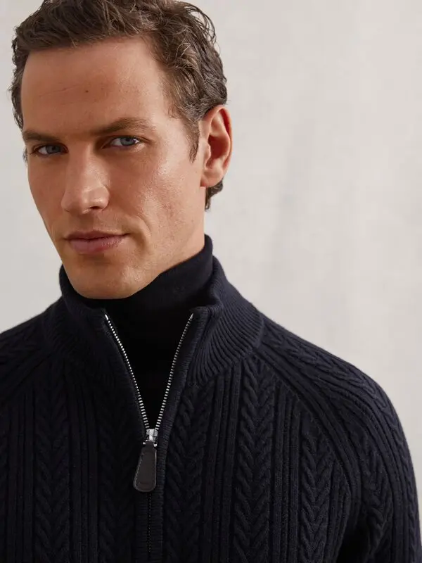 REISS Loxley Cable-knit Half-zip Jumper With Wool - Navy