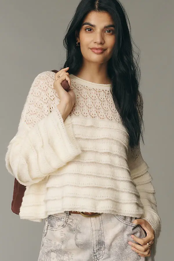 PILCRO Boatneck Ruffled Pointelle Swing Sweater