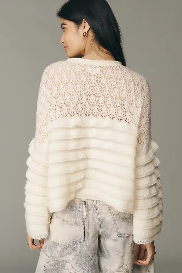 PILCRO Boatneck Ruffled Pointelle Swing Sweater