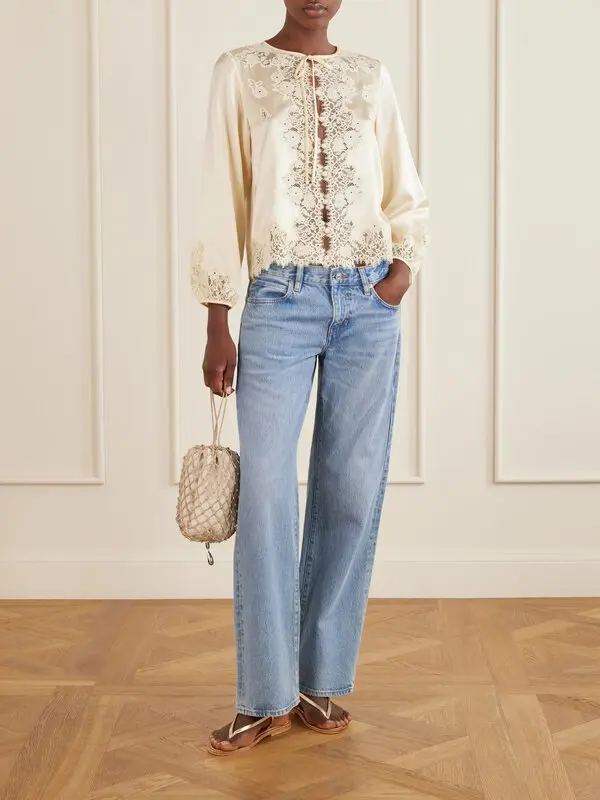 DÔEN Lucine Lace-trimmed Silk-satin Blouse - Neutrals