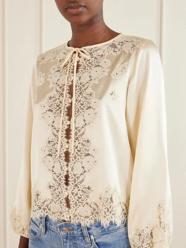 DÔEN Lucine Lace-trimmed Silk-satin Blouse - Neutrals