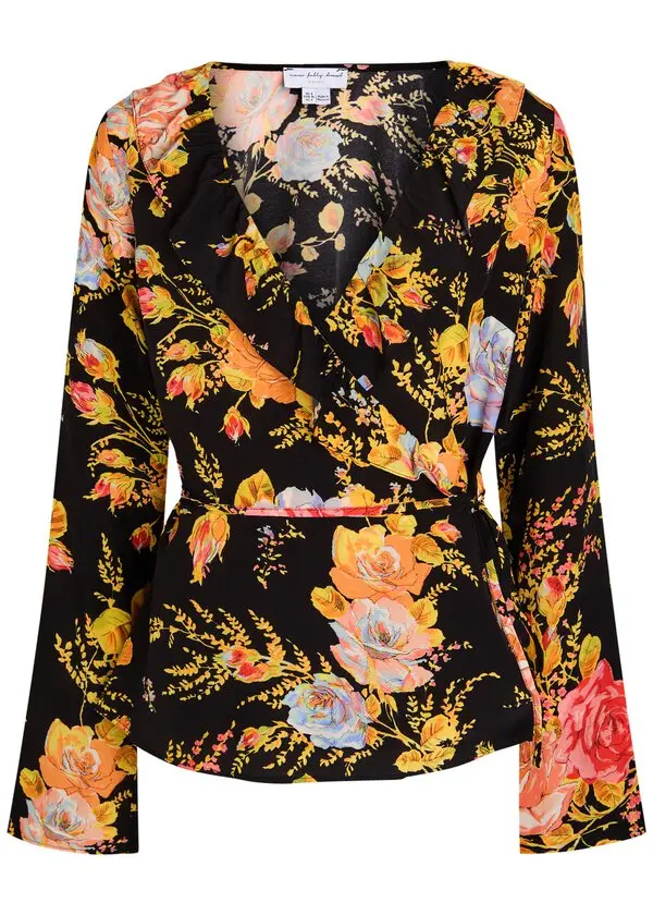NEVER FULLY DRESSED Floral-print Chiffon Wrap Top - Black